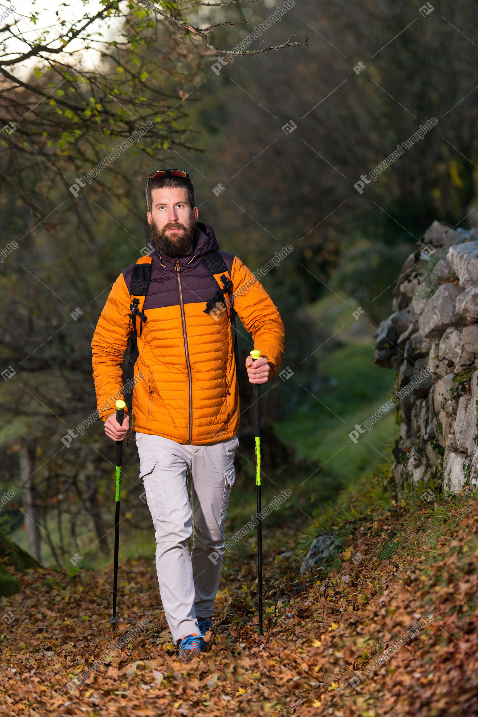 Young Man with Beard Practicing Nordic Walking in Path of Leaves Photo ...
