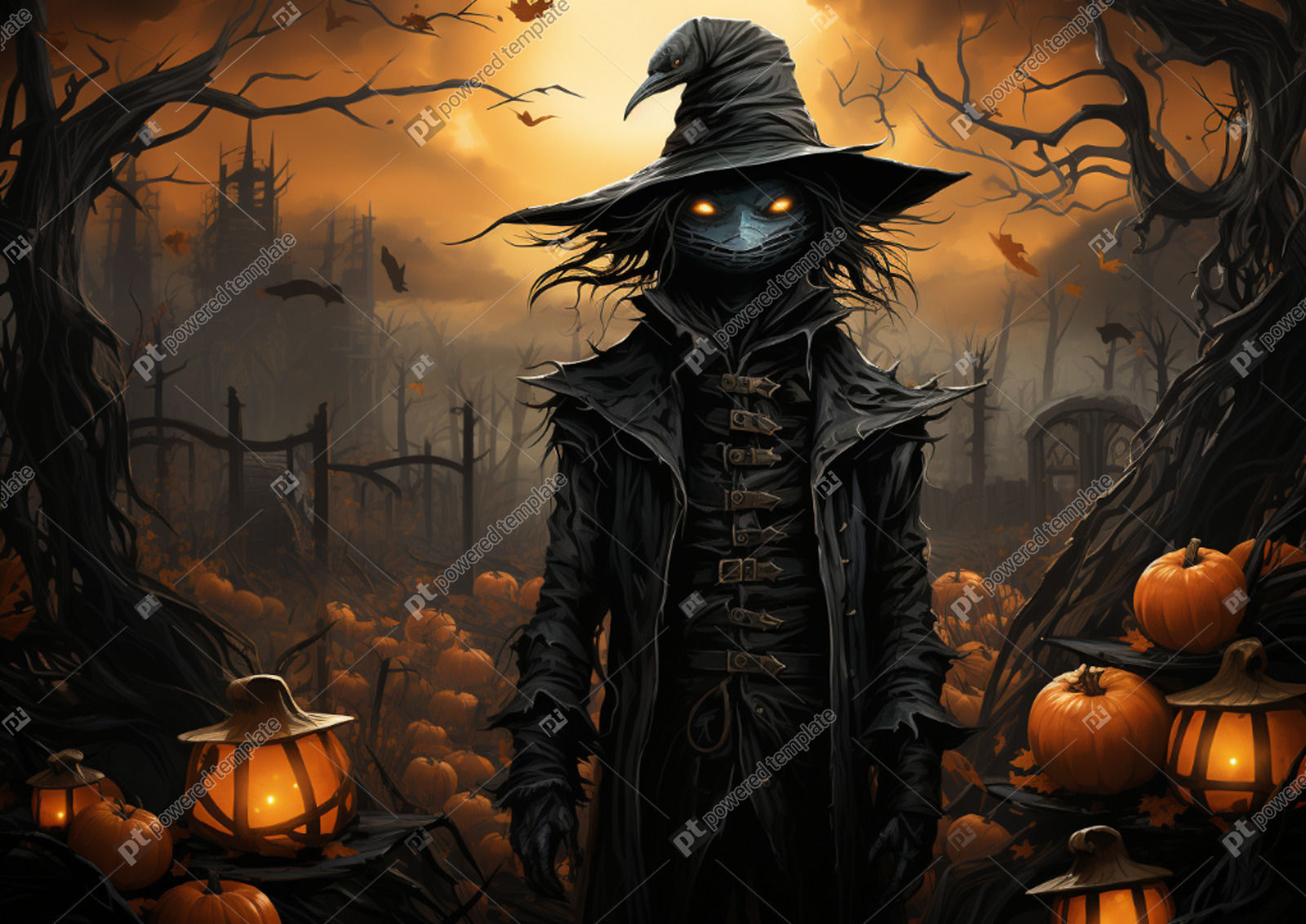 Illustration Whimsical Scarecrow with Crow Bathed in Moonlight Amidst ...