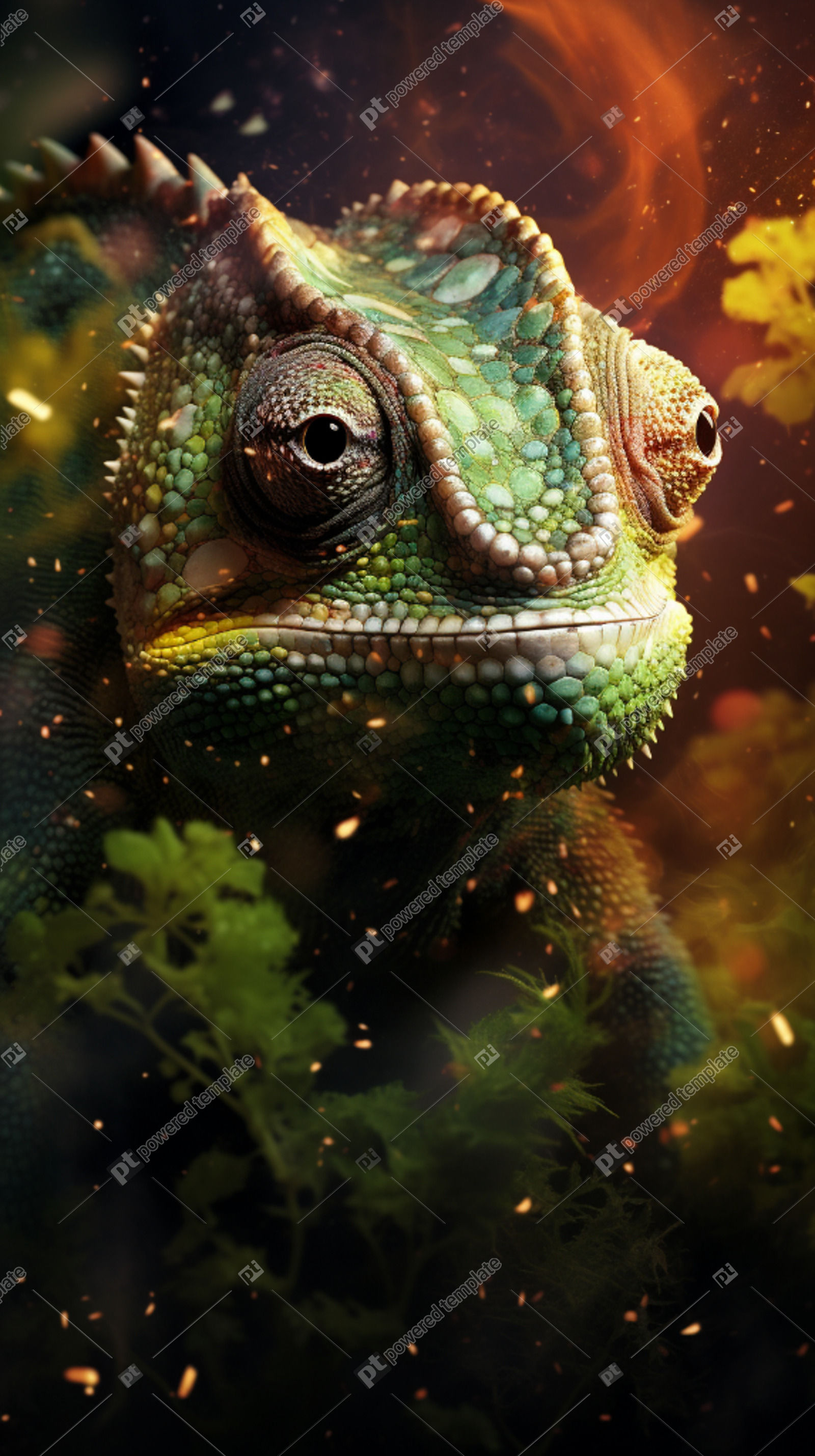 Front-Facing Chameleon Kaki Camouflage Embracing the Fire and Light ...