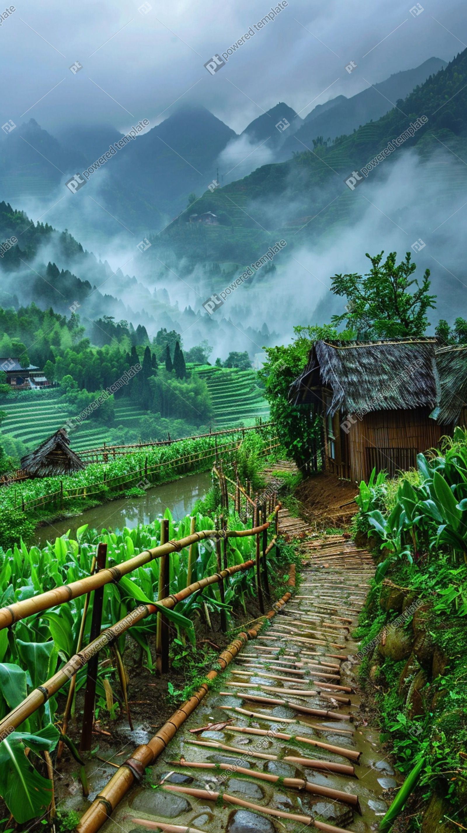 Misty Morning in a Chinese Rural Landscape - Traditional House and ...