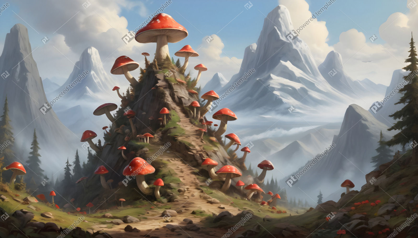 Fantasy Landscape with Mushrooms and Mountains in the Background ...