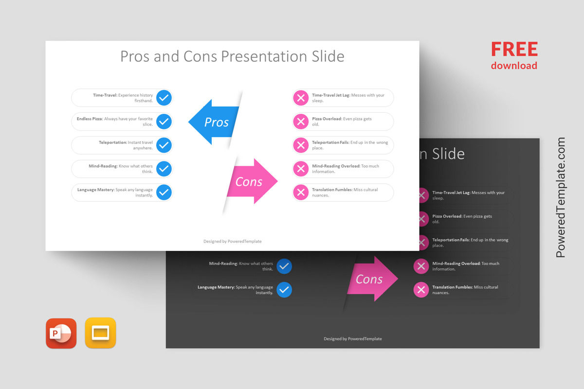 Free Pros and Cons Presentation Template - Modèle de présentation gratuit pour Google Slides et ...