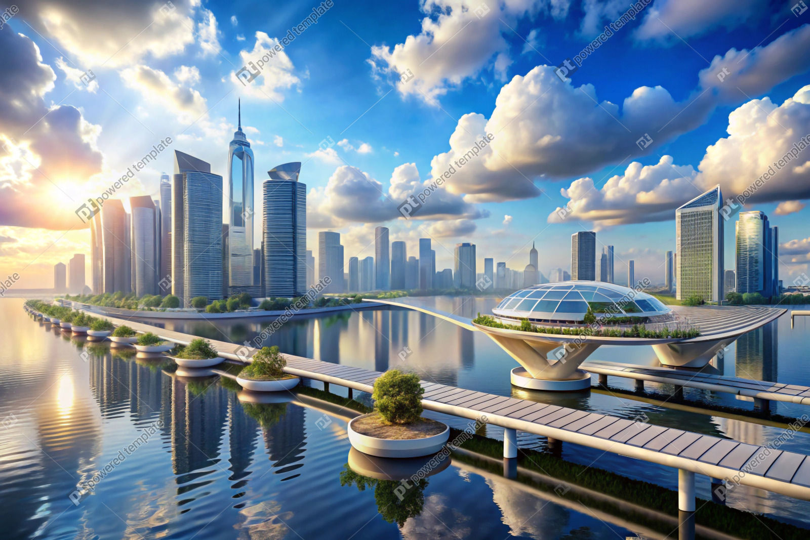 A Futuristic City on Water with Floating Platforms Connected by Bridges ...