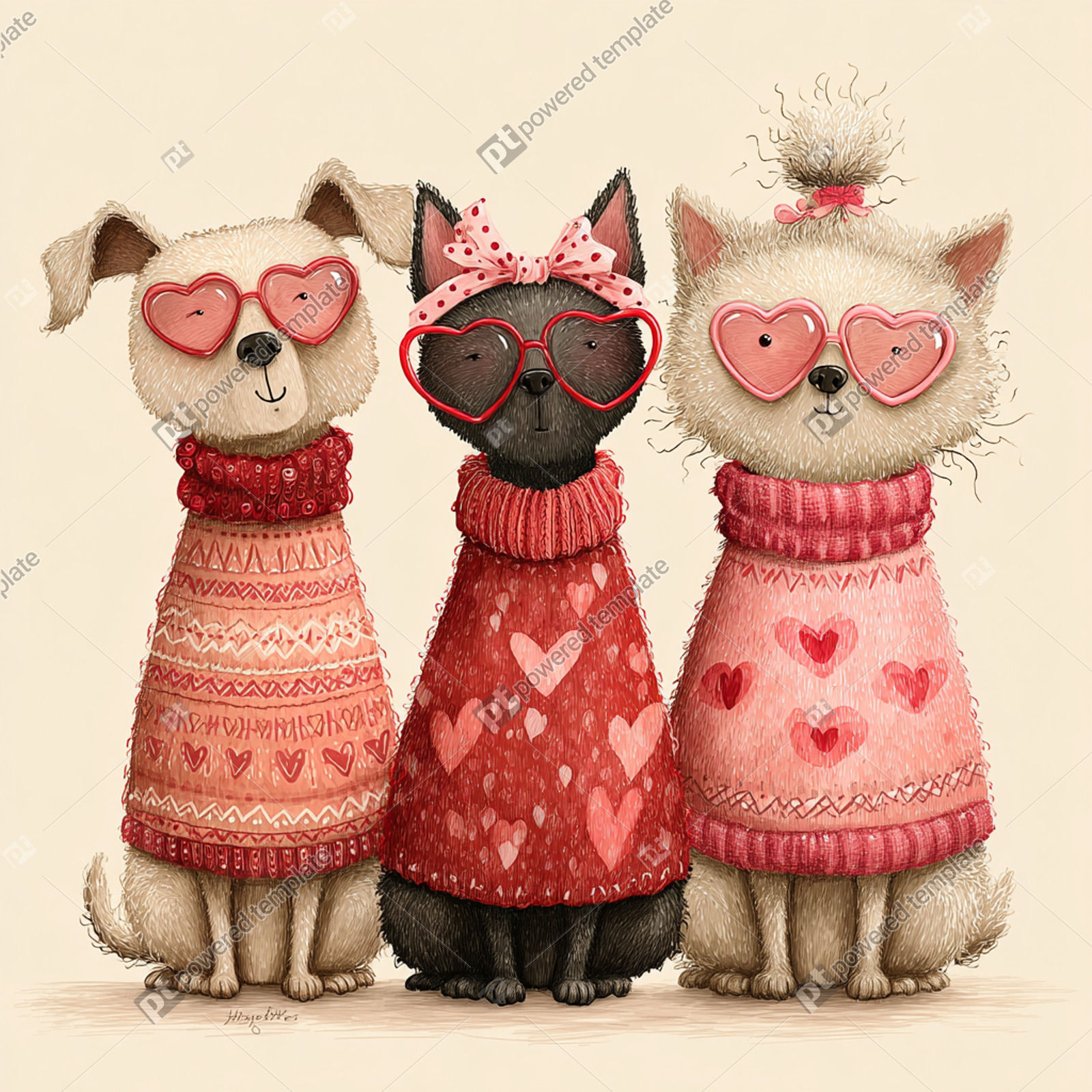 Heart-Ey Ed Canine and Feline Trio in Festive Sweaters | Gambar AI ...