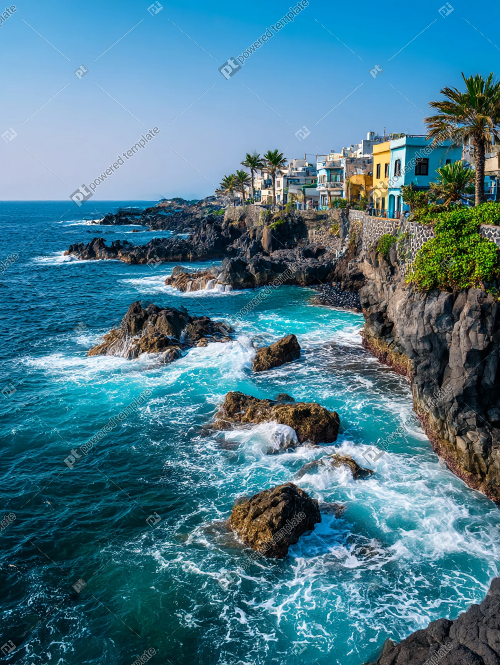Vibrant Coastal Village on Volcanic Cliffs with Turquoise Waters | Free ...