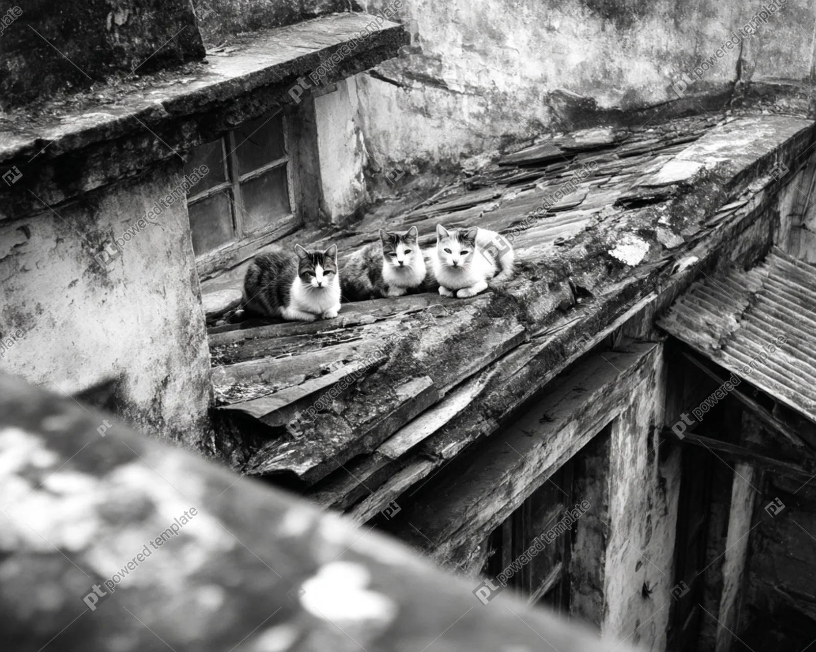 Three Feline Sentinels on a Weathered Rooftop | AI Image ...