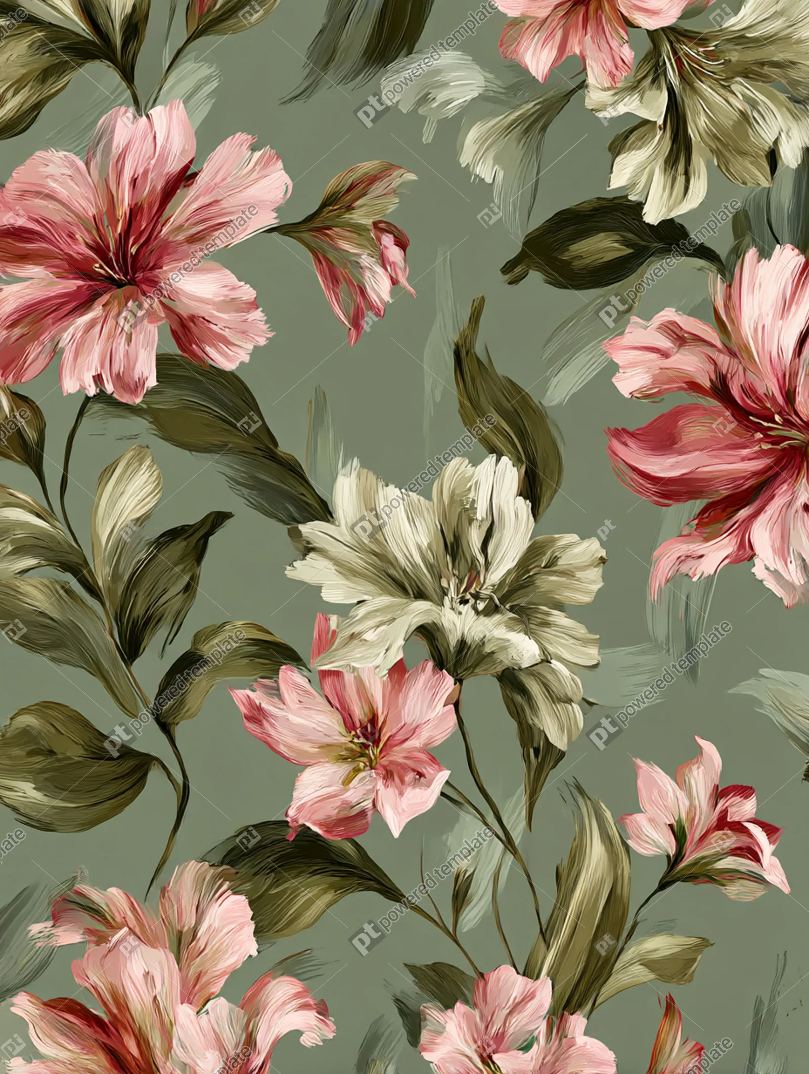 Painterly Floral Pattern with Pink and Beige Blooms on Sage Green ...